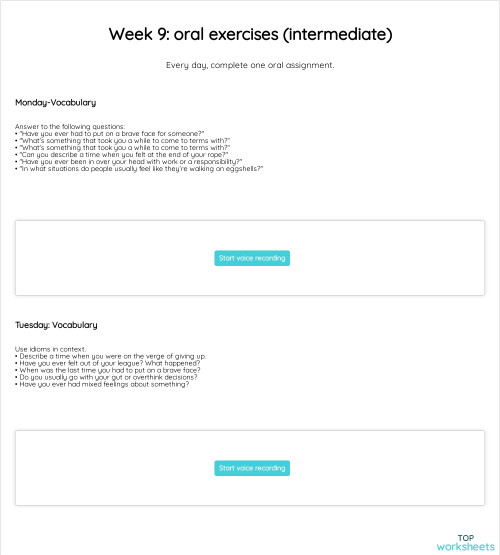 Week 9: oral exercises (intermediate). Interactive worksheet ...