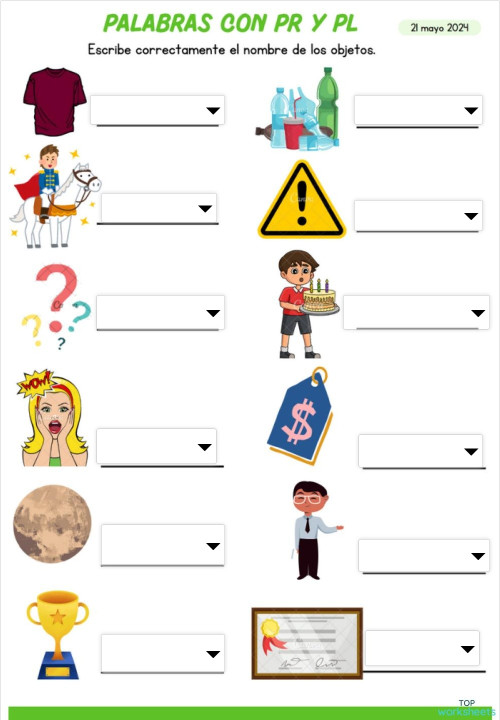 PALABRAS CON PL Y PR. Tarea 21 mayo. Ficha interactiva | TopWorksheets