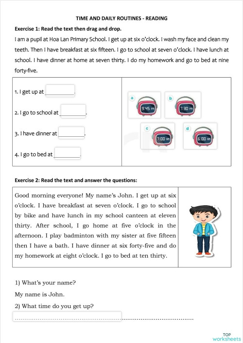 Time and daily routines - Reading. Interactive worksheet | TopWorksheets