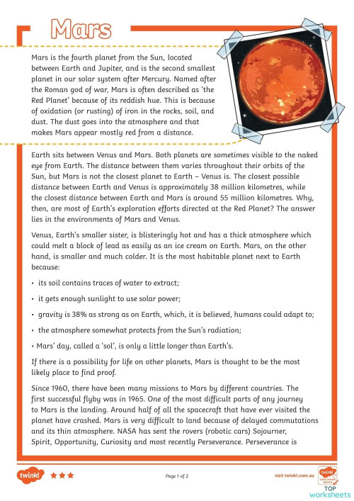 Mars Worksheet. Interactive worksheet | TopWorksheets