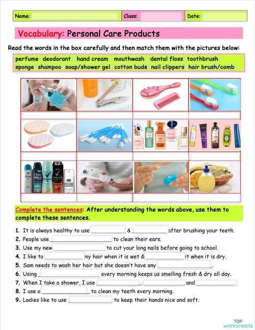 Personal care products. Interactive worksheet | TopWorksheets