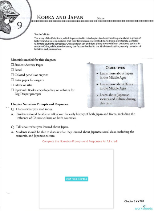 Chapter 9: Korea and Japan Pg 93-94. Interactive worksheet | TopWorksheets