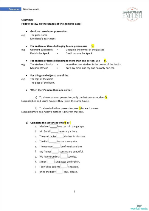 Grammar Genitive Case. Interactive worksheet | TopWorksheets