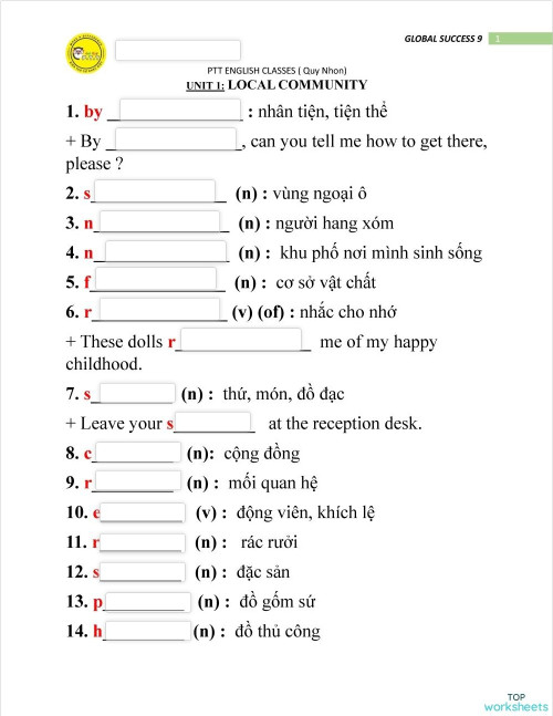 TA9- GLOBAL SUCCESS UNIT 1 LOCAL COMMUNITY ( vocab). Interactive ...