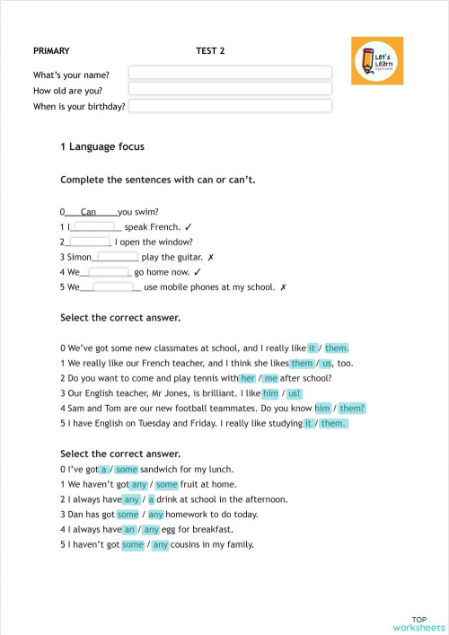 Primary Test 2. Interactive worksheet | TopWorksheets