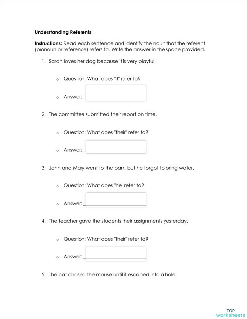 Understanding referents. Interactive worksheet | TopWorksheets