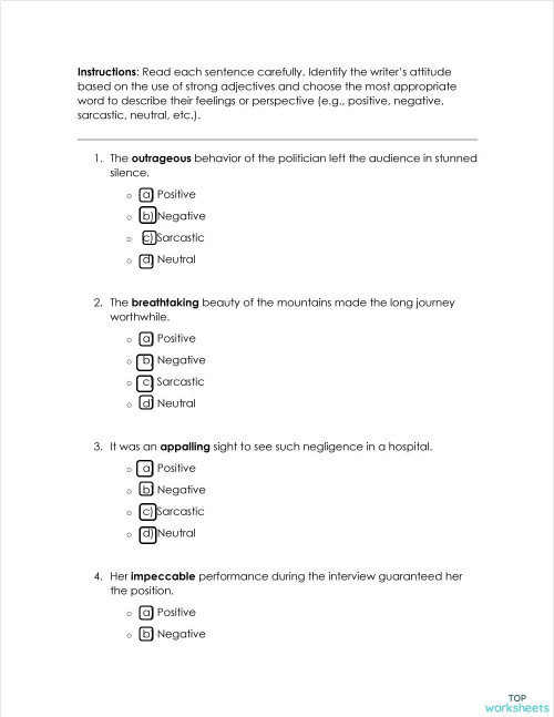 Inferring authors attitude. Interactive worksheet | TopWorksheets