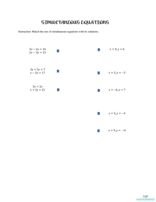 SIMULTANEOUS EQUATION (MATCHING). Interactive worksheet | TopWorksheets