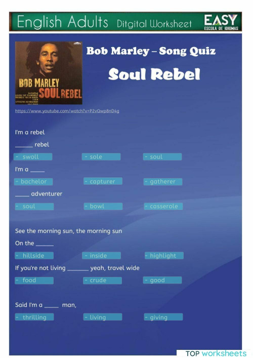 Song Quiz - Bob Marley - Soul Rebel. Interactive worksheet | TopWorksheets