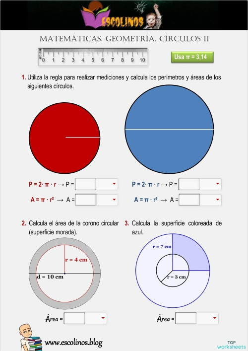Matemáticas. Geometría, Círculos III. Ficha interactiva | TopWorksheets