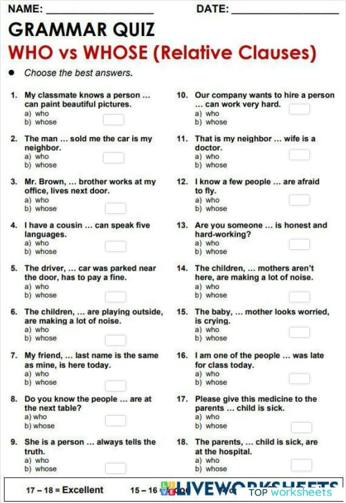 WHO - WHOSE. Interactive worksheet | TopWorksheets
