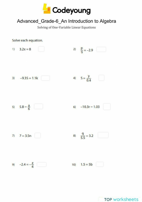 Solving of One-Variable Linear Equations Advanced. Interactive worksheet | TopWorksheets