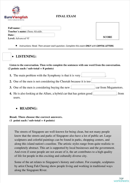 FINAL EXAM - A6W. Interactive worksheet | TopWorksheets