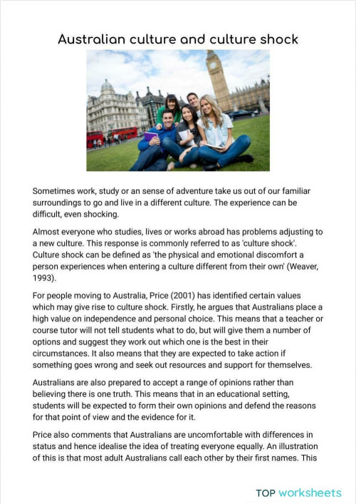 Reading: Australian culture and culture shock. Interactive worksheet ...