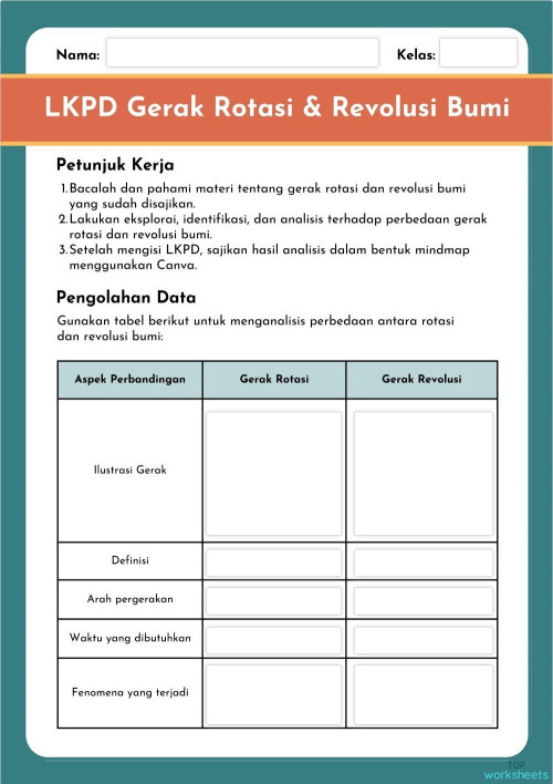 LKPD Rotasi dan Revolusi Bumi. Interactive worksheet | TopWorksheets