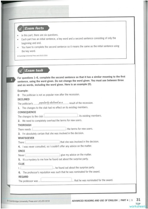 Reading and Use of English Part 4. Interactive worksheet | TopWorksheets