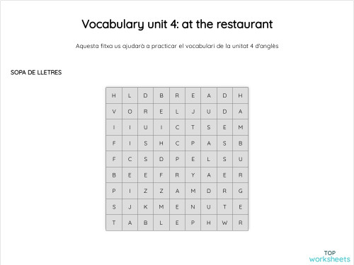Vocabulary unit 4: at the restaurant. Interactive worksheet | TopWorksheets