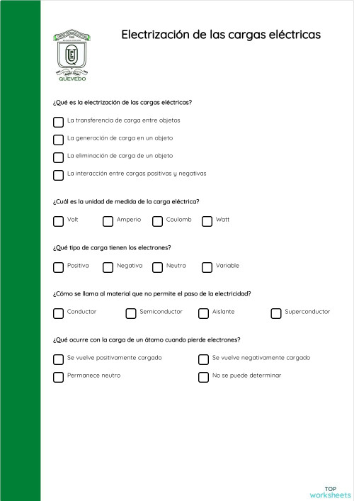 Electrización de las cargas eléctricas. Ficha interactiva | TopWorksheets