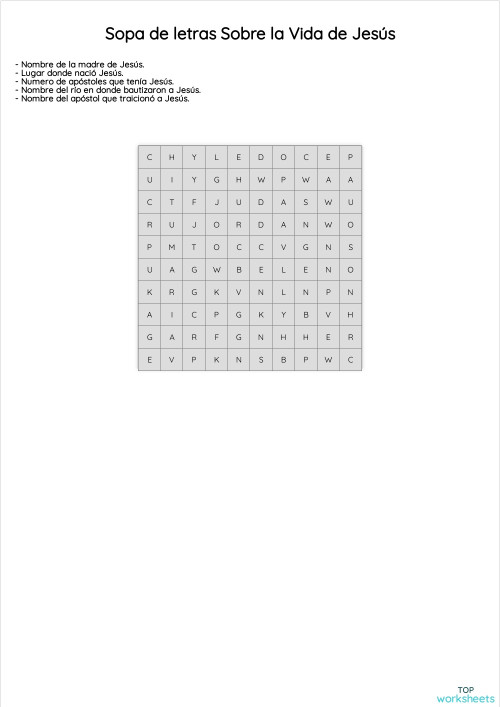 Sopa de letras Sobre la Vida de Jesús. Ficha interactiva | TopWorksheets