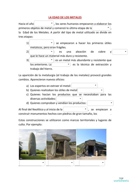 La Edad de los Metales. Ficha interactiva | TopWorksheets