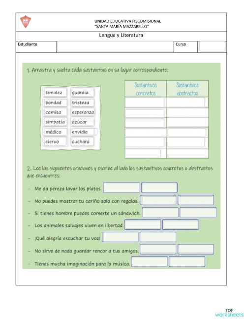 sustantivos concreto y abstracto. Ficha interactiva | TopWorksheets