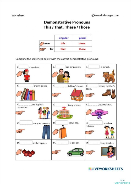 Demonstrative pronouns. Interactive worksheet | TopWorksheets