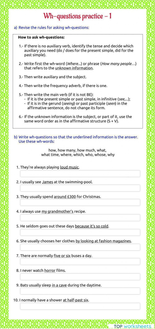 Wh- questions practice 1. Interactive worksheet | TopWorksheets