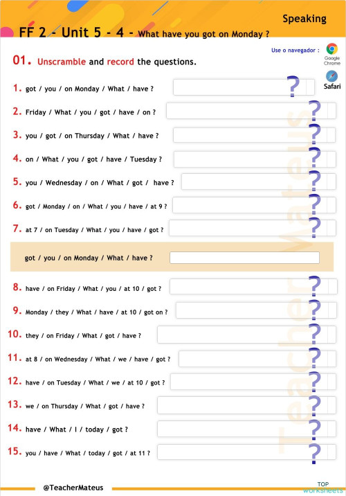 FF 2 - Unit 05 - Test 3 - Speaking. Interactive worksheet | TopWorksheets