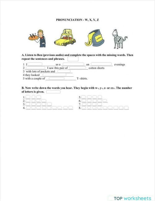 Pronunciation w - x - y - z. Interactive worksheet | TopWorksheets