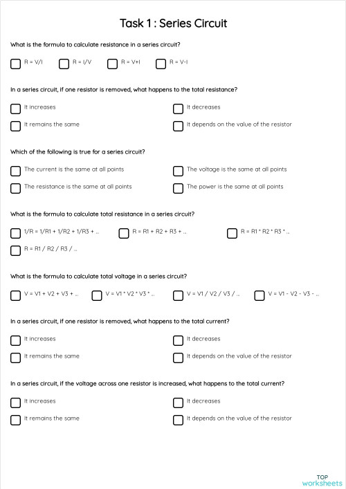 Task 1 : Series Circuit. Interactive worksheet | TopWorksheets