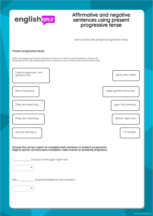Affirmative and negative sentences using present progressive tense ...