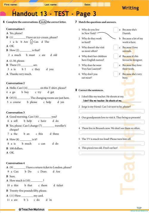 Handout 13 - TEST - Page 3 - Writing. Interactive worksheet | TopWorksheets