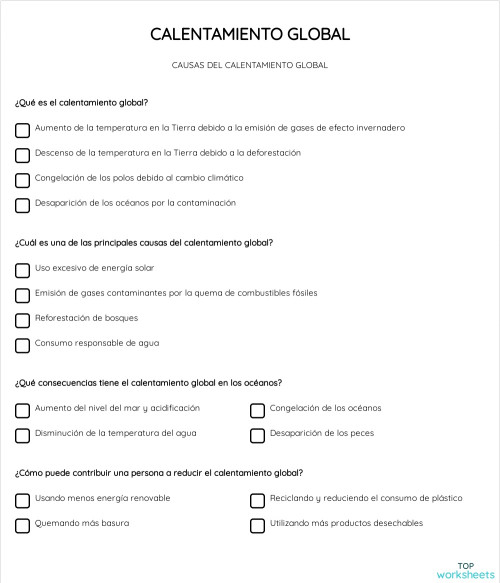 CALENTAMIENTO GLOBAL. Ficha interactiva | TopWorksheets