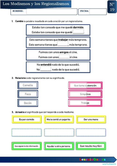 Los Modismos y los Regionalismos. Ficha interactiva | TopWorksheets