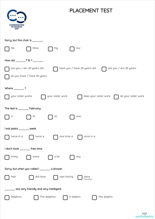 PLACEMENT TEST. Interactive worksheet | TopWorksheets