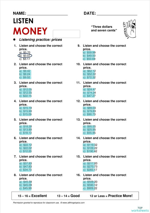Listening price (Copia). Interactive worksheet | TopWorksheets