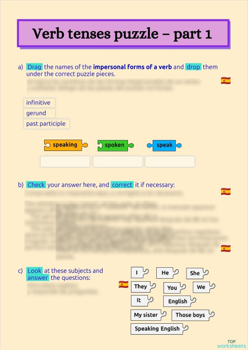 Verb tenses puzzle - part 1. Interactive worksheet | TopWorksheets