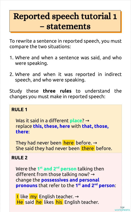 Reported speech tutorial 1 - Statements. Interactive worksheet ...