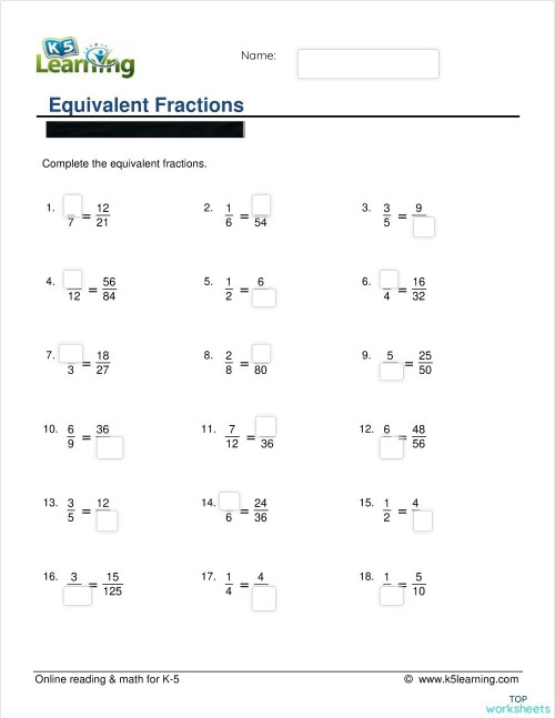 Equivalent Fractions Sheet 6. Interactive worksheet | TopWorksheets