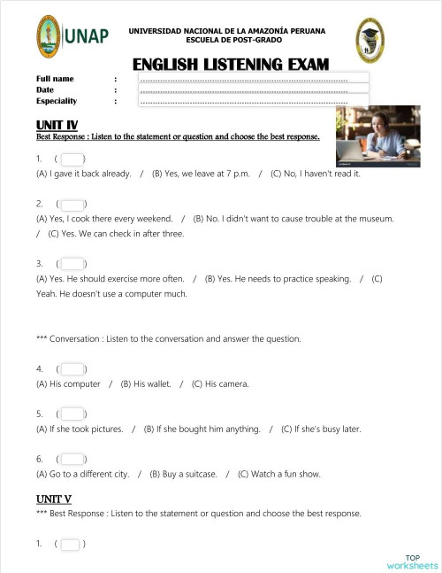 FINAL LISTENING EXAM GROUP 7 -UNITS 4,5,6. Interactive worksheet ...