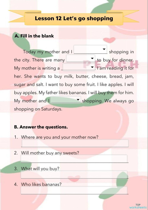 Lesson 12 Let's go shopping. Interactive worksheet | TopWorksheets