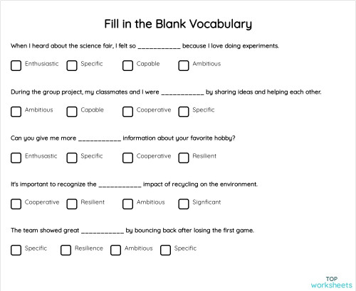 Fill in the Blank Vocabulary. Interactive worksheet | TopWorksheets