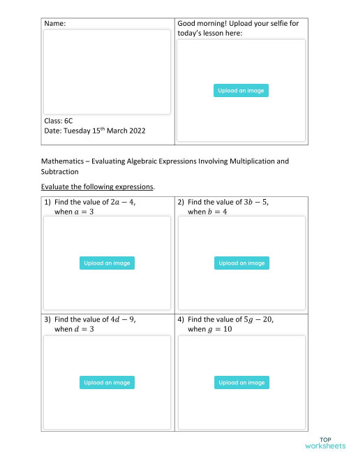 Evaluate Algebraic Expressions Involving Multiplication and Subtraction ...