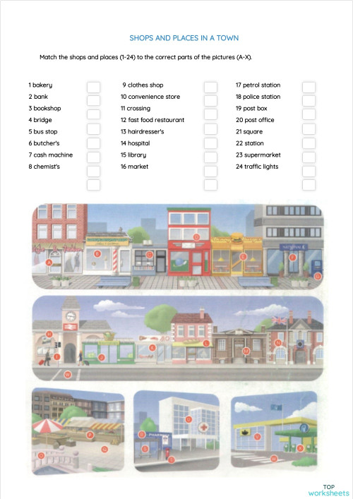 Shops and places in a town. Interactive worksheet | TopWorksheets
