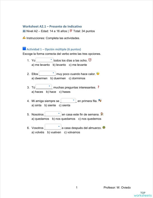 El presente de indicativo - Nivel A2 - 2. Ficha interactiva | TopWorksheets