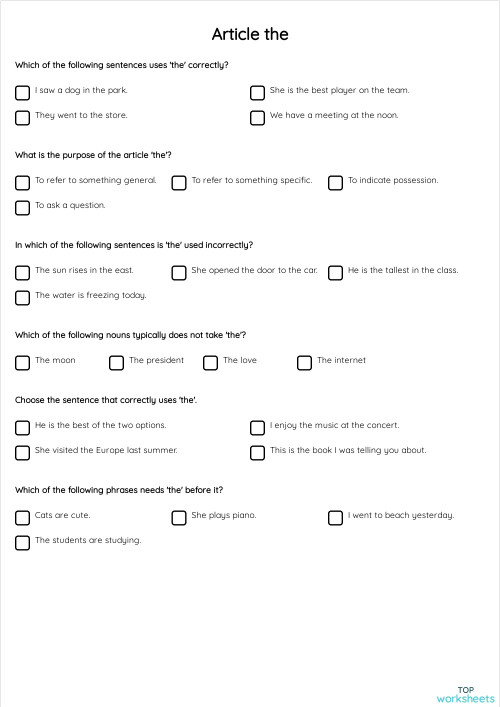 Articles Exercises Online Grammar Definite Articles Teaching Resources