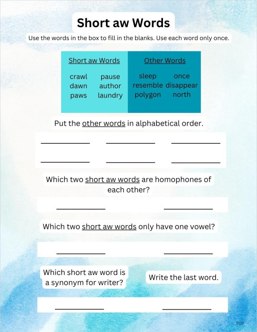 Short aw Words. Interactive worksheet | TopWorksheets