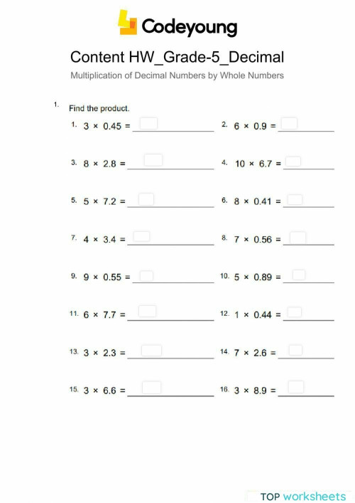 Content-HW-Multiplication of Decimal Numbers by Whole Numbers Part 1. Interactive worksheet ...