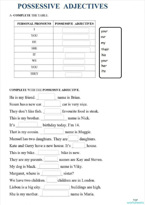 Possesive Adjectives 1. Interactive worksheet | TopWorksheets