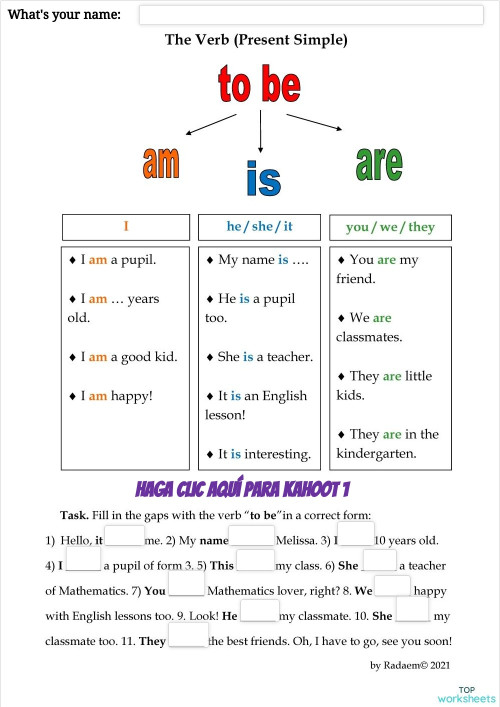 Verb to be + Kahoot 1.. Interactive worksheet | TopWorksheets